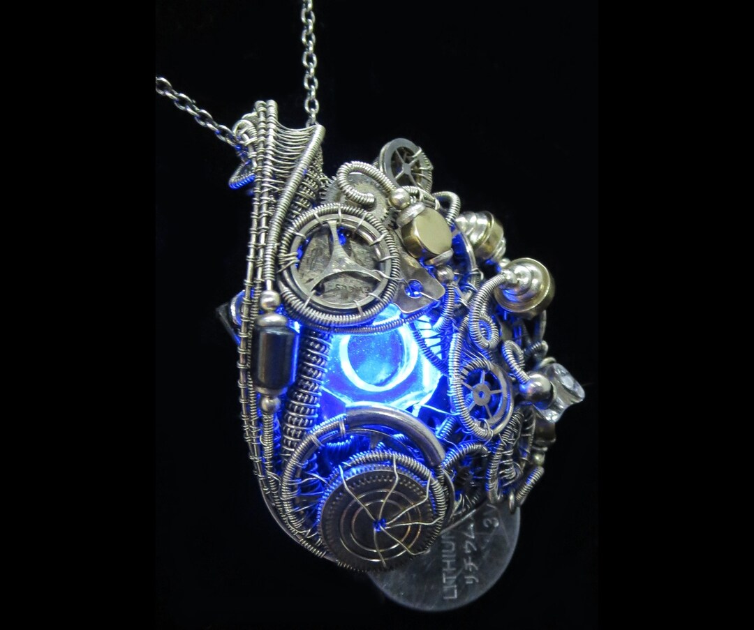 Illuminated Steampunk Cyberpunk Fusion Pendant: Blue Resin Nut With ...