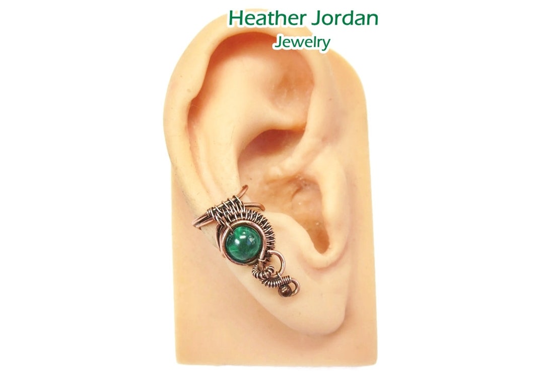 Malachite and Copper Woven Wire Ear Cuff; 