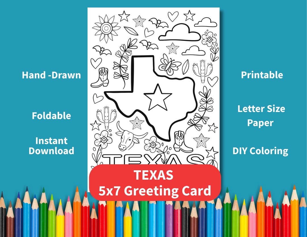 Printable Texas Greeting Card: DIY Coloring Card (digital Download) - Etsy