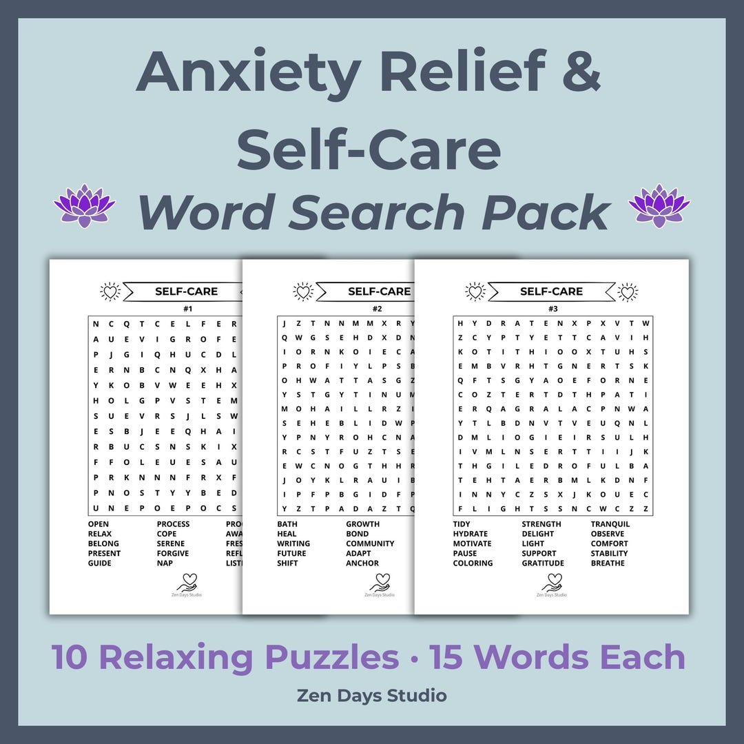 Anxiety Relief Self-care Word Search Pack | 10 Puzzles With Solutions ...