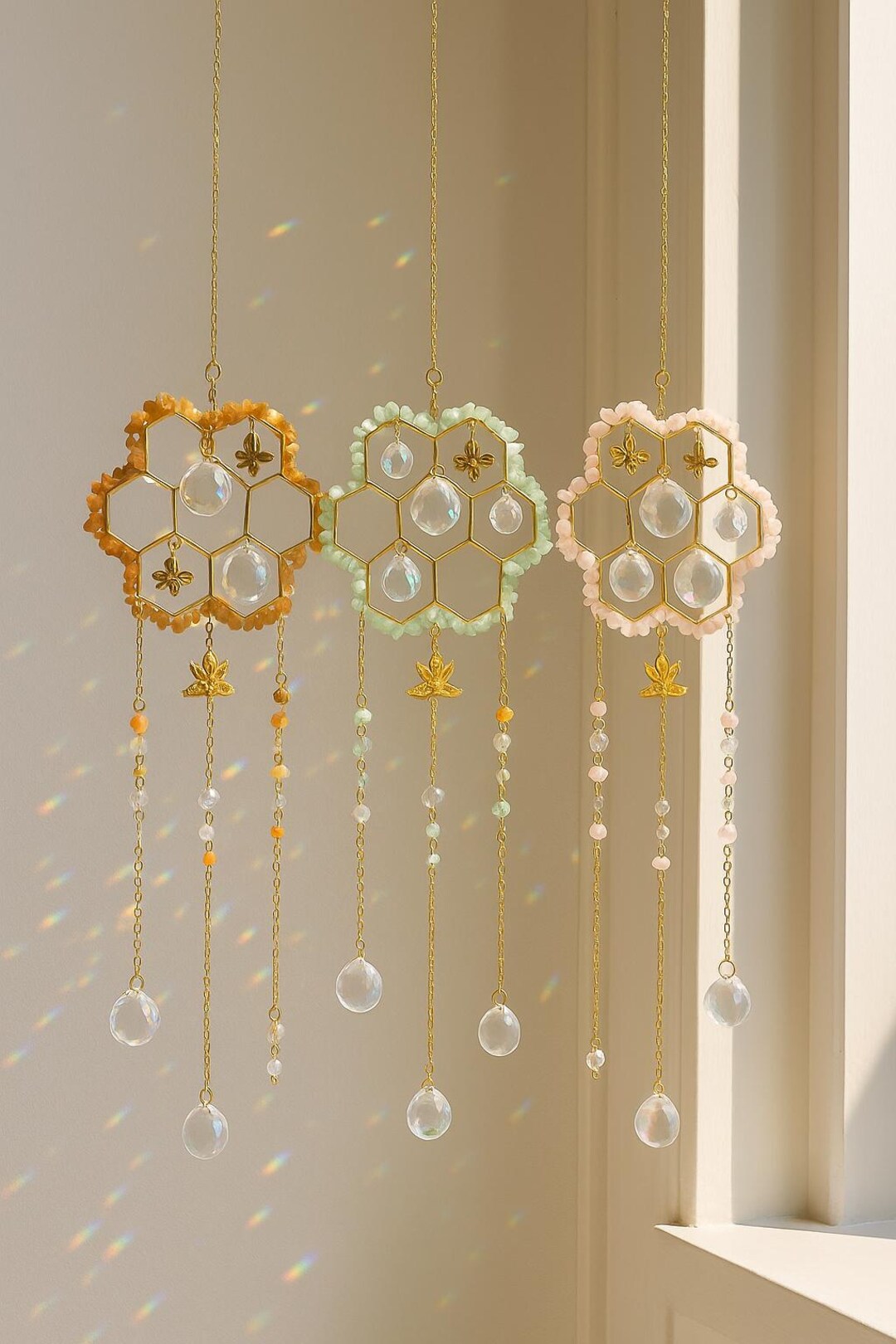 Beehive Crystal Suncatcher – Handmade Boho Window Hanging With Bees ...