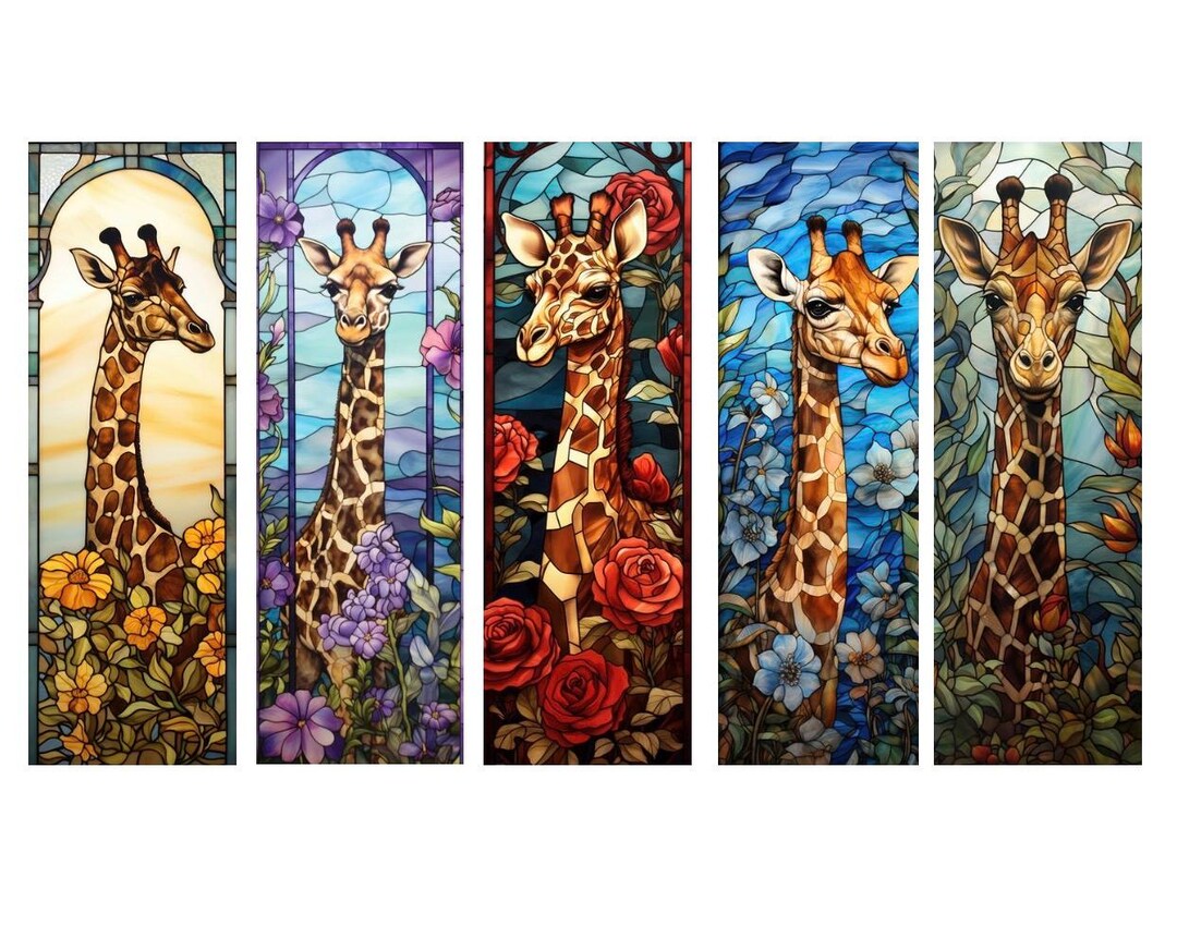 Set of 5 - Giraffe Stain Glass Bookmarks - Transparent & Floral (2” X 6 ...