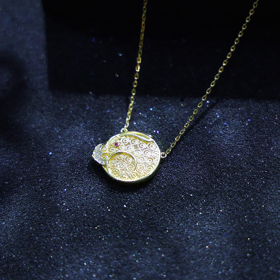 Filigree Moon Rabbit Pendant: 24K Gold Vermeil, Ruby Eyes, Abalone ...