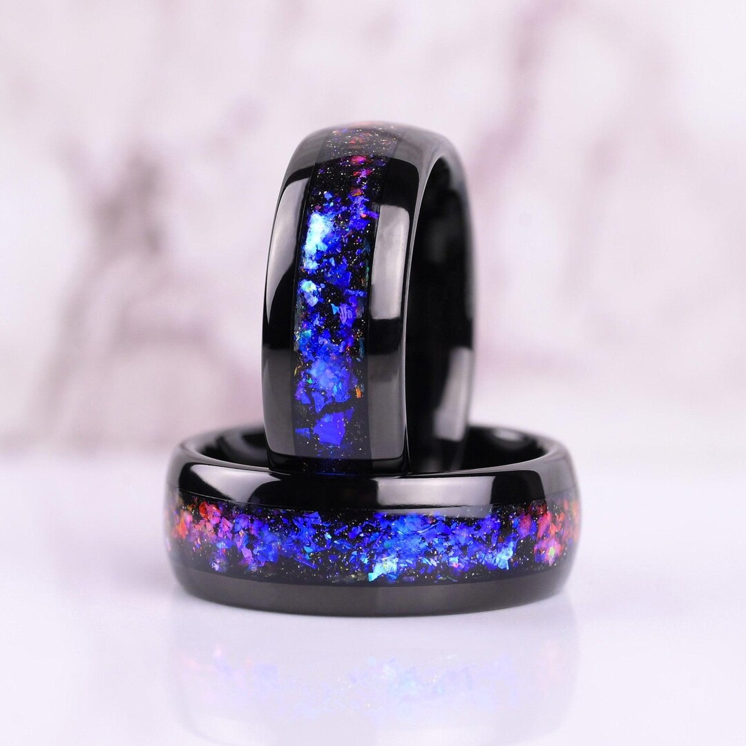 Orion Nebula Ring Set - Couples Wedding Rings, Crushed Fire Opal ...