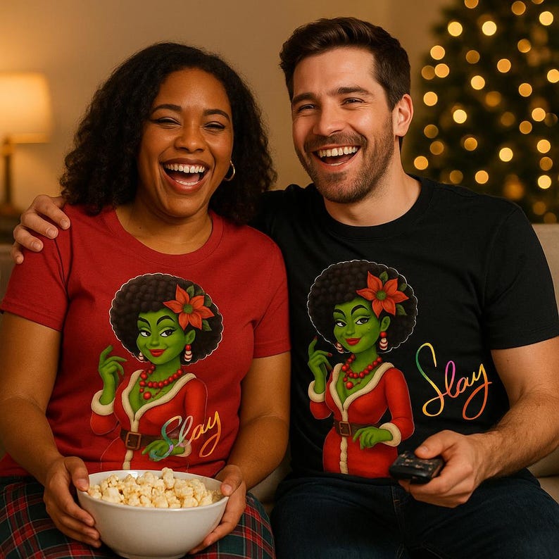 Slay Christmas Afro Grinch Lady T Shirt Festive Curvy Santa Babe Tee ...