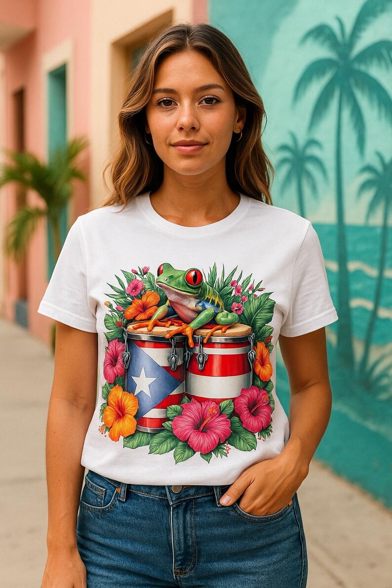 Puerto Rico Frog T-shirt, Tropical Coquí Drums Tee, Caribbean Hibiscus ...