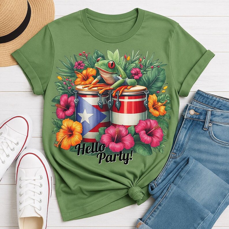 Puerto Rico Frog T-shirt, Tropical Coquí Drums Tee, Caribbean Hibiscus ...