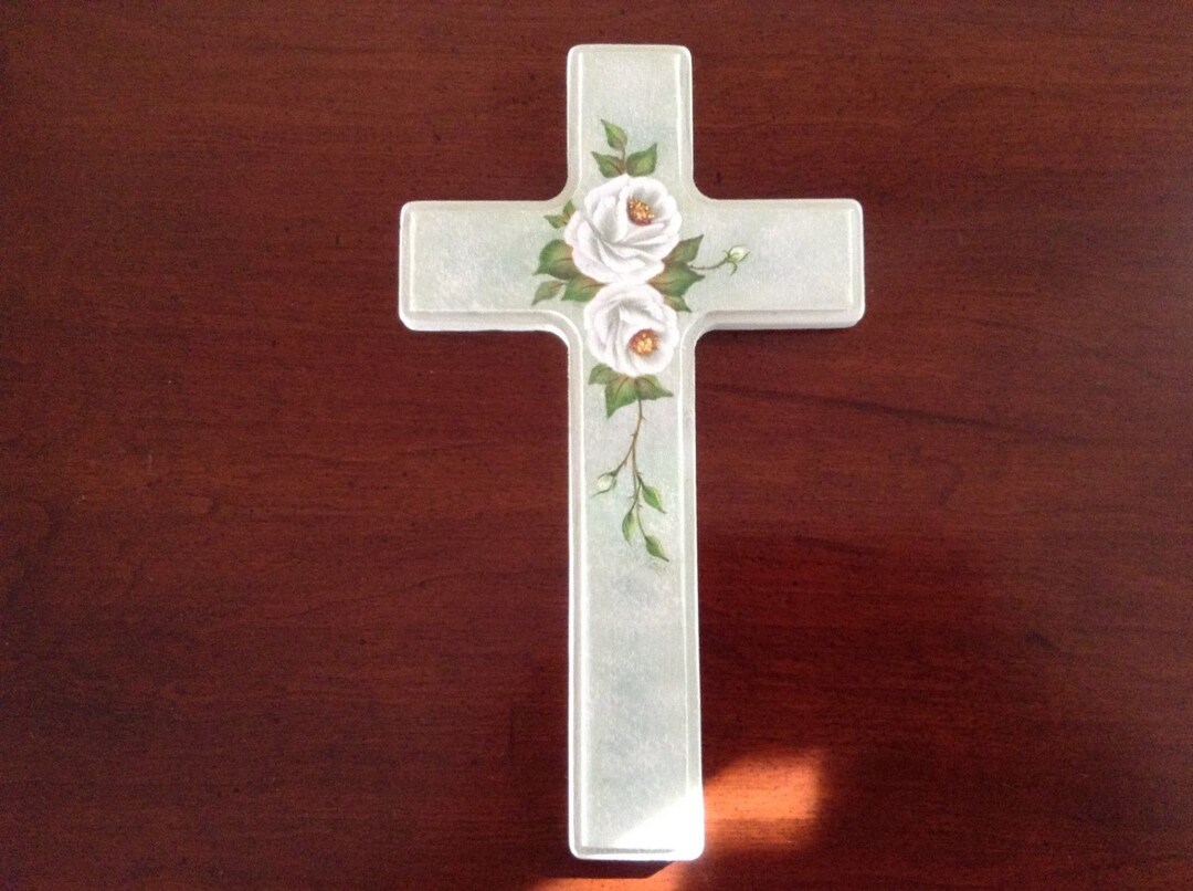 White Roses Wood Cross Communion Religious Crucifix Hand Painted OOAK ...