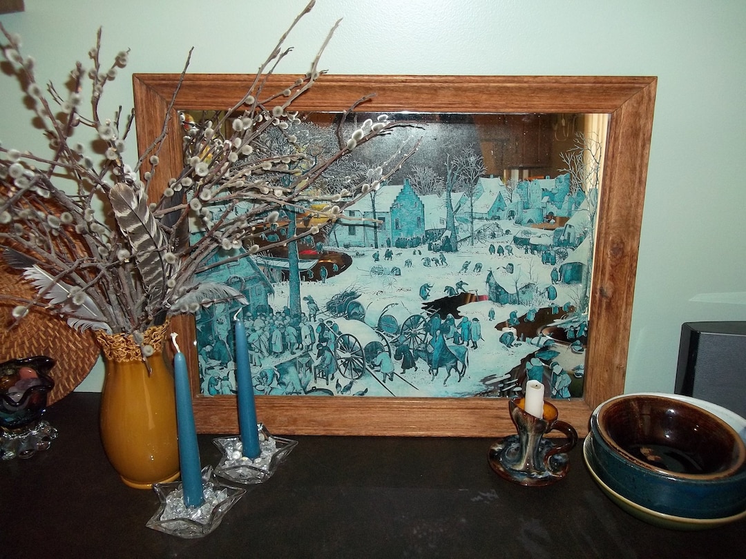 Vintage Framed Screen-printed Mirror: Olden Day Winter Village Scene - Etsy