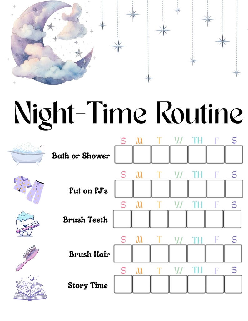 Night-time Routine Chart for Kids-printable Bedtime Checklist-calm ...