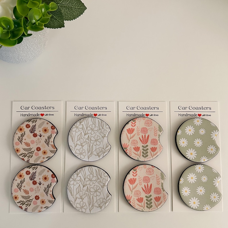 Car Coasters, Set of 2 Floral Car Coasters, Neutral Print Boho ...