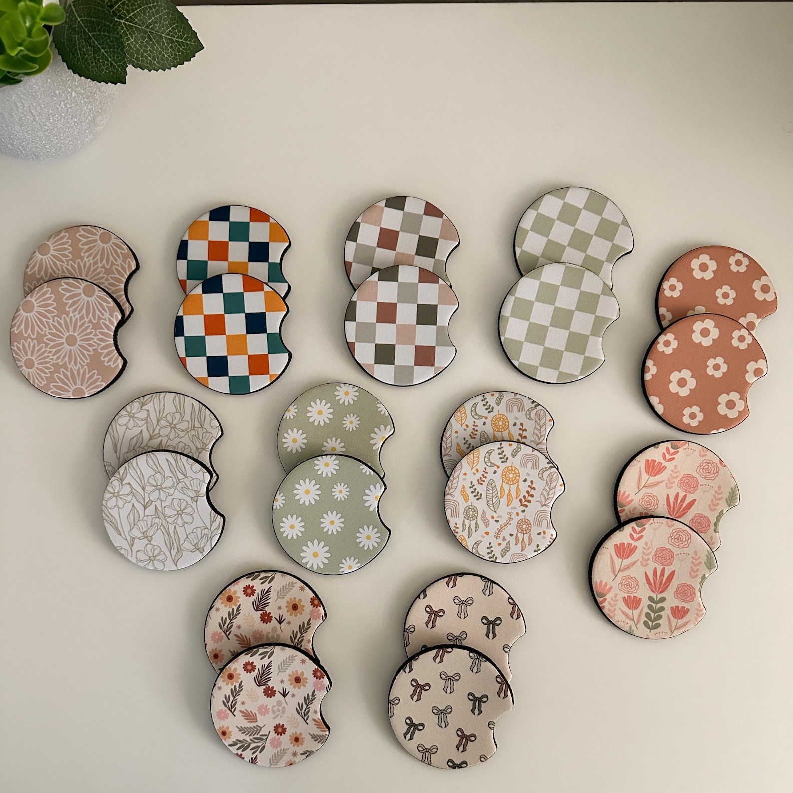 Car Coasters, Set of 2 Floral Car Coasters, Neutral Print Boho ...