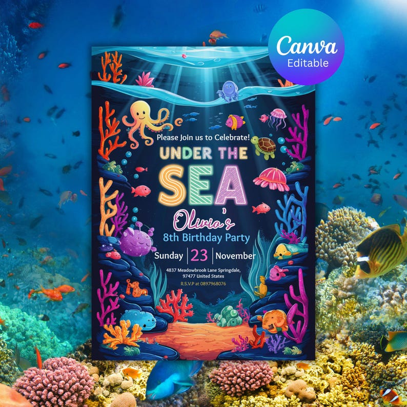 Under the Sea Invitation, Under the Sea Neon Birthday Invitation, Ocean ...