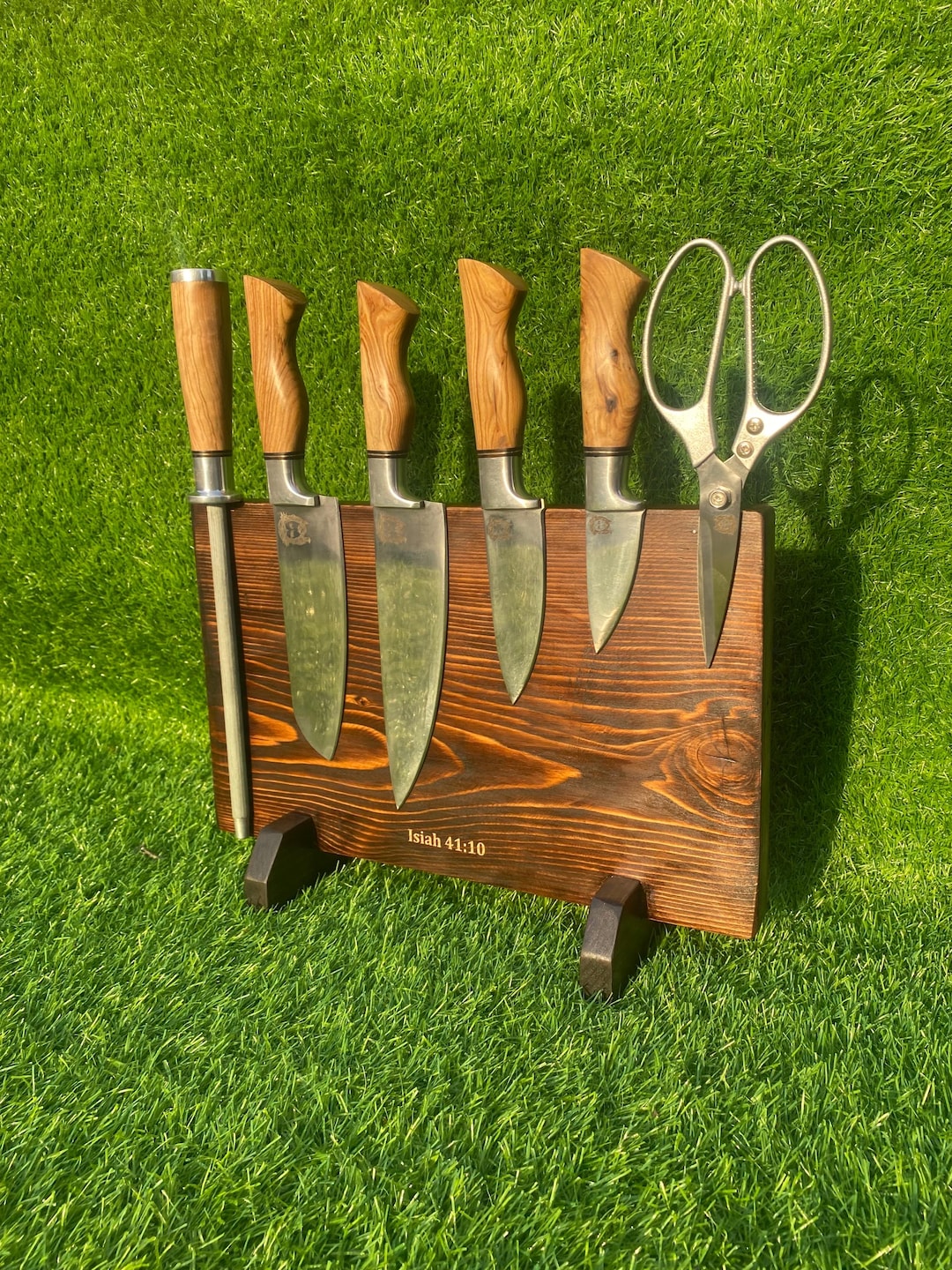 Engraved Wood Chef Knife Set: Rustic Kitchen Knives, Stand & Scissor - Etsy