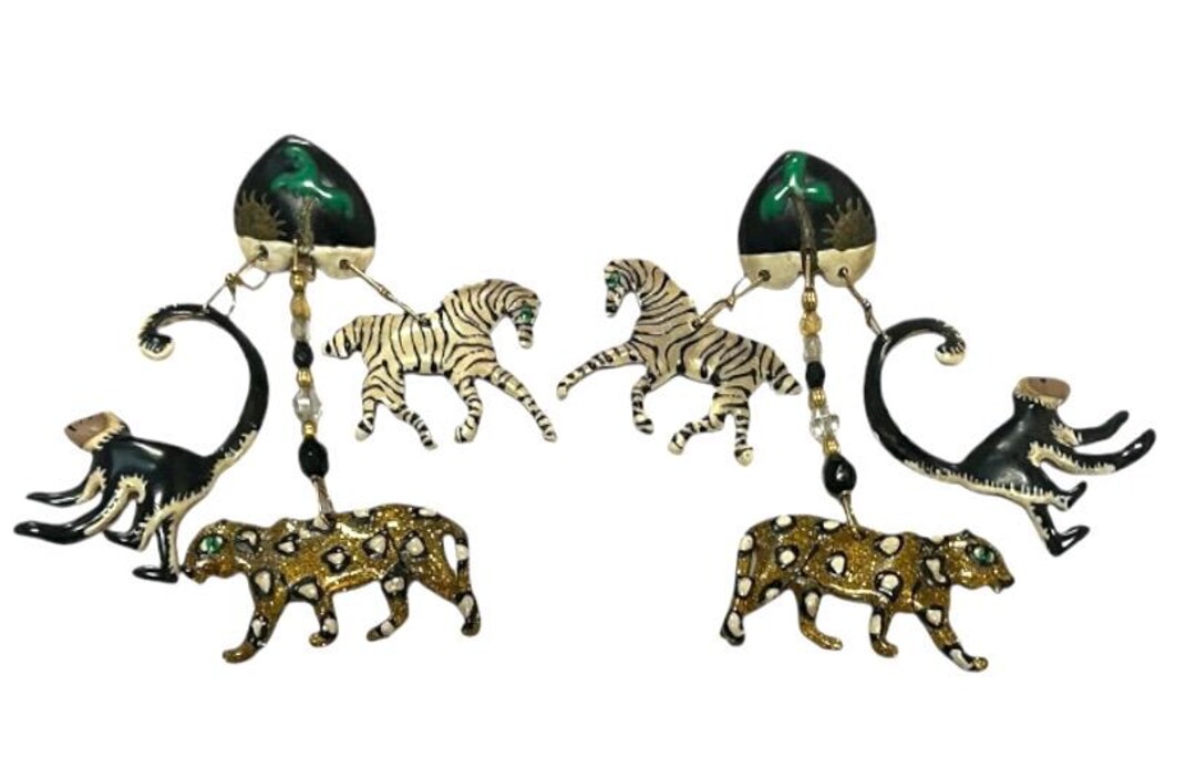 Vintage 1980s LUNCH at THE RITZ Enameled Zoo Animal Chandelier Earrings ...