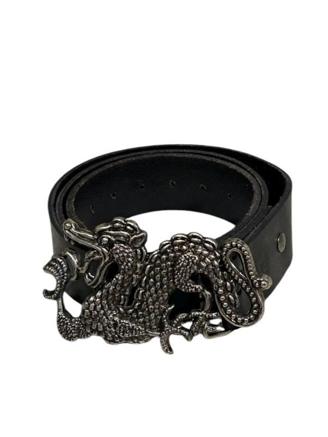 Vintage Early 2000s RED MONKEY Black Leather Belt W/ Silvertone Dragon ...