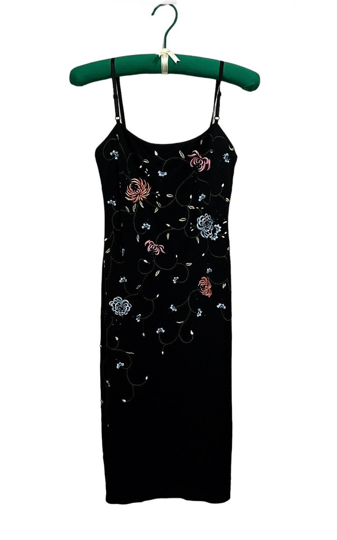 Vintage BCBG MAX AZRIA Slinky Black Floral Embroidered Spaghetti Strap ...
