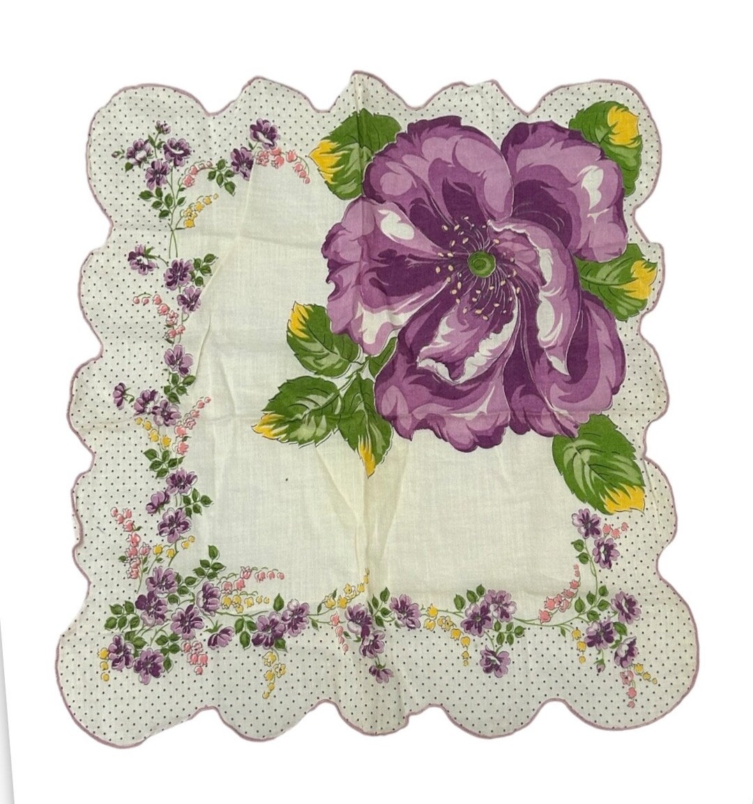 Vintage 1950s Purple, Green, Yellow, & White Floral Scalloped Edge ...