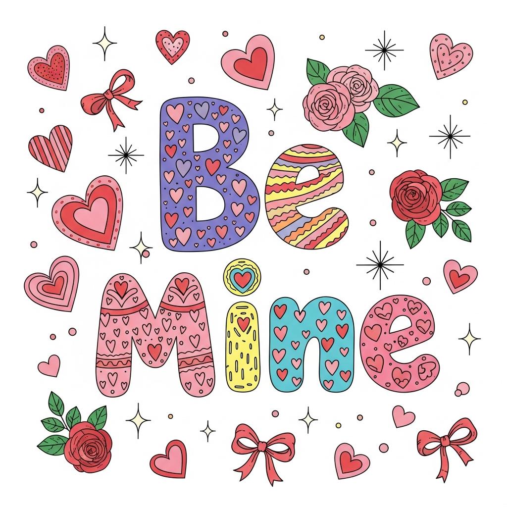 Be Mine Cute Valentine Typography Art, Pastel Floral Heart Illustration ...