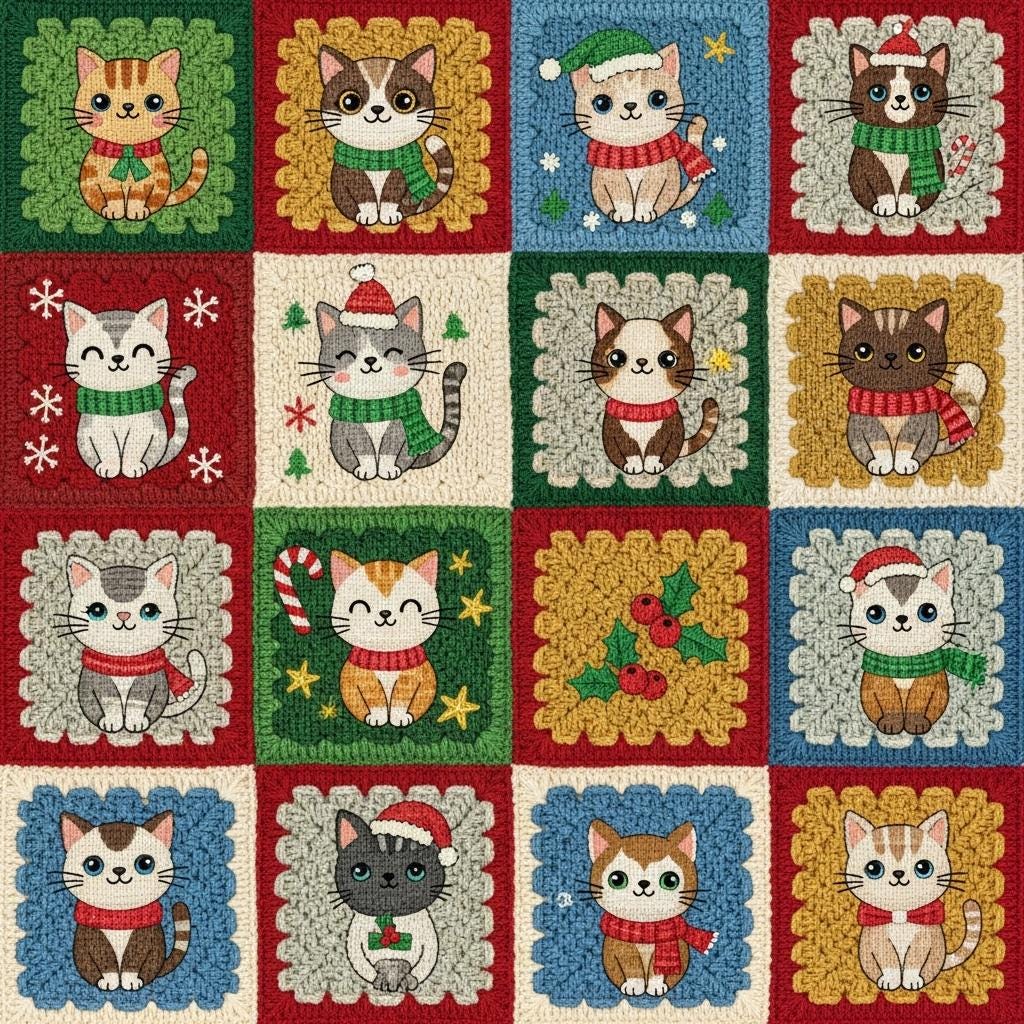 50 Colorful Cat Patchwork Digital Art | Embroidery Style Crochet Cat ...