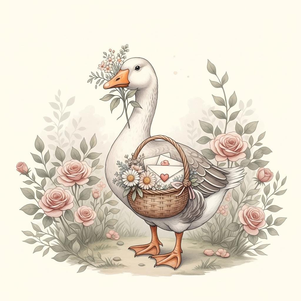 Vintage Goose With Love Letters Illustration | Romantic Floral Goose ...
