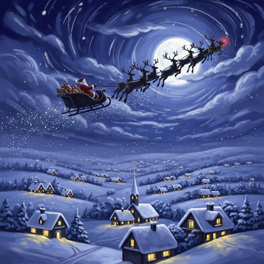 100 Santa Flying Over Winter Village - Digital Printable, Magical ...