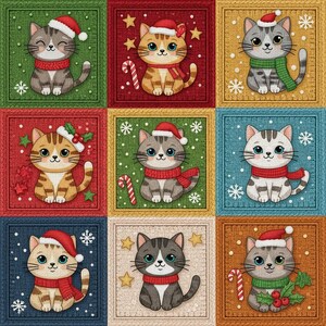 50 Colorful Cat Patchwork Digital Art | Embroidery Style Crochet Cat ...
