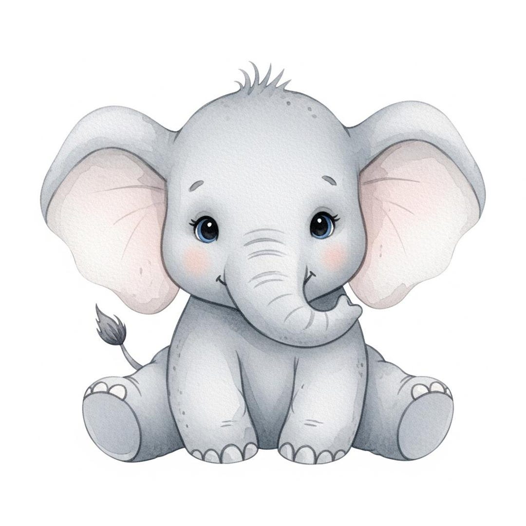 Baby Elephant Watercolor Clip Art - Cute Nursery Wall Art Digital ...