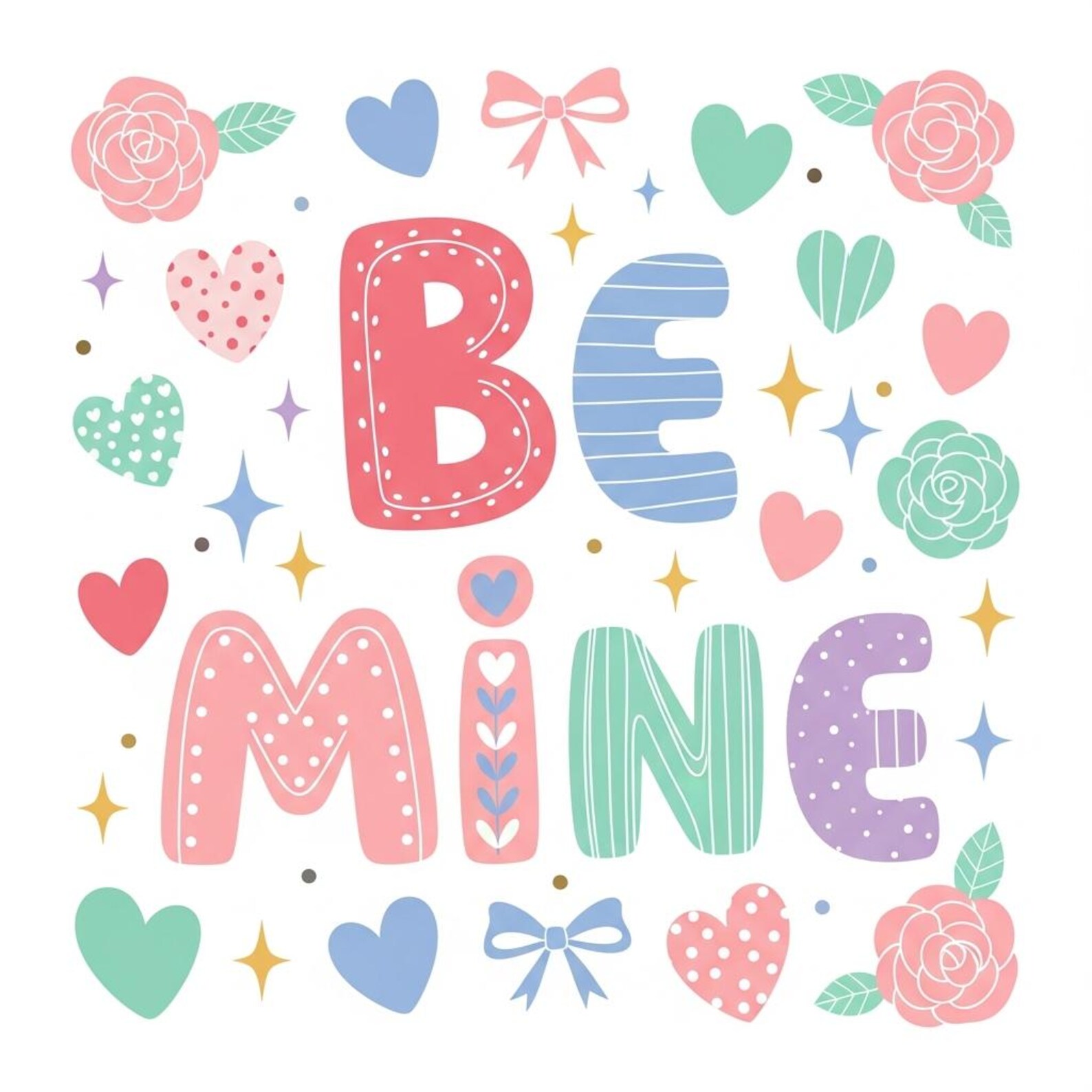 Be Mine Cute Valentine Typography Art, Pastel Floral Heart Illustration ...