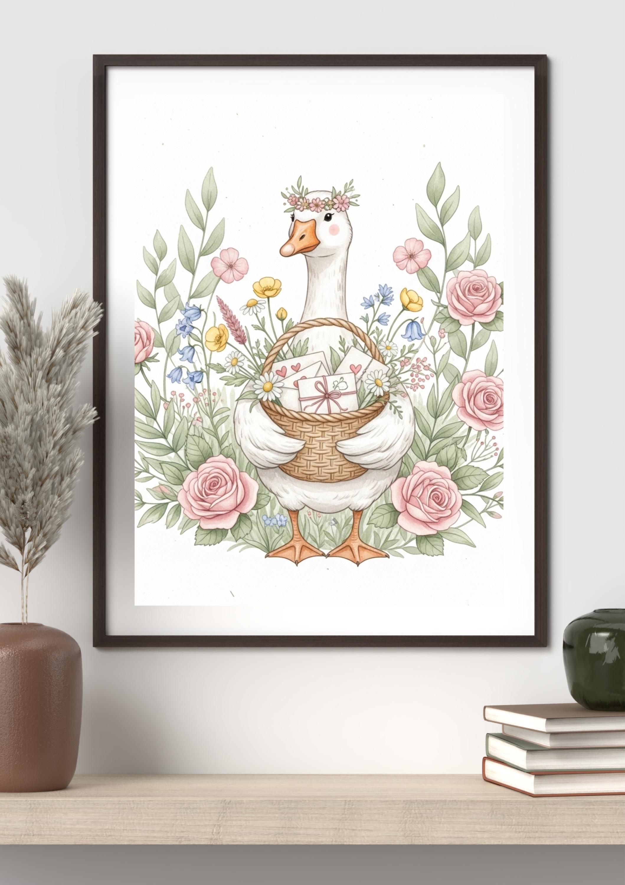Vintage Goose With Love Letters Illustration | Romantic Floral Goose ...