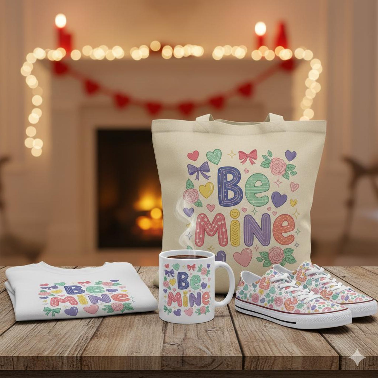 Be Mine Cute Valentine Typography Art, Pastel Floral Heart Illustration ...