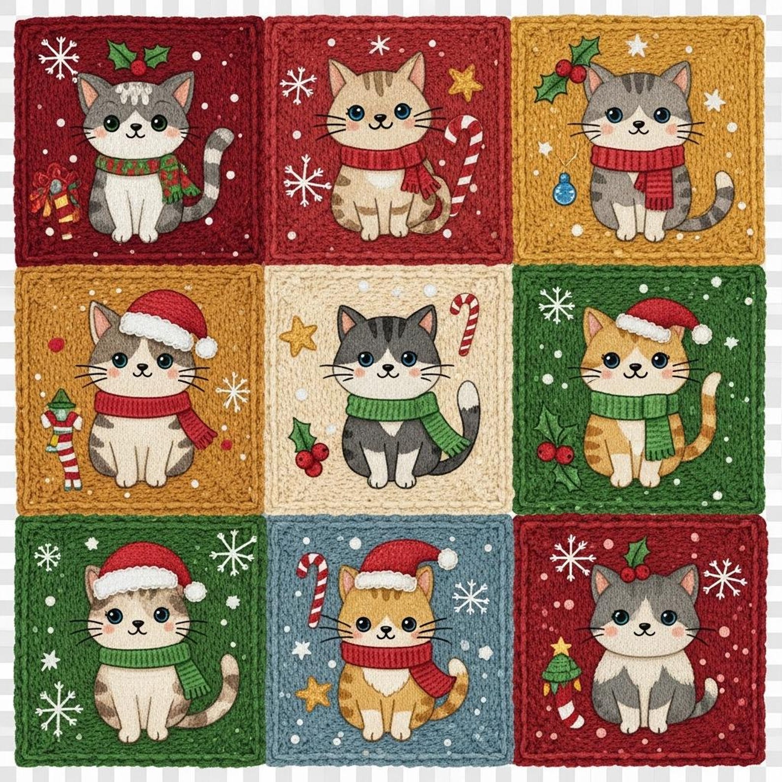 50 Colorful Cat Patchwork Digital Art | Embroidery Style Crochet Cat ...