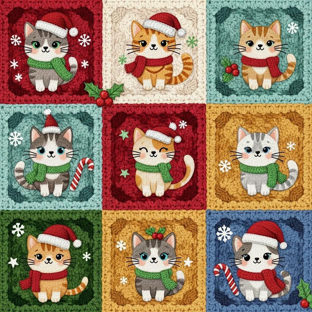 50 Colorful Cat Patchwork Digital Art | Embroidery Style Crochet Cat ...