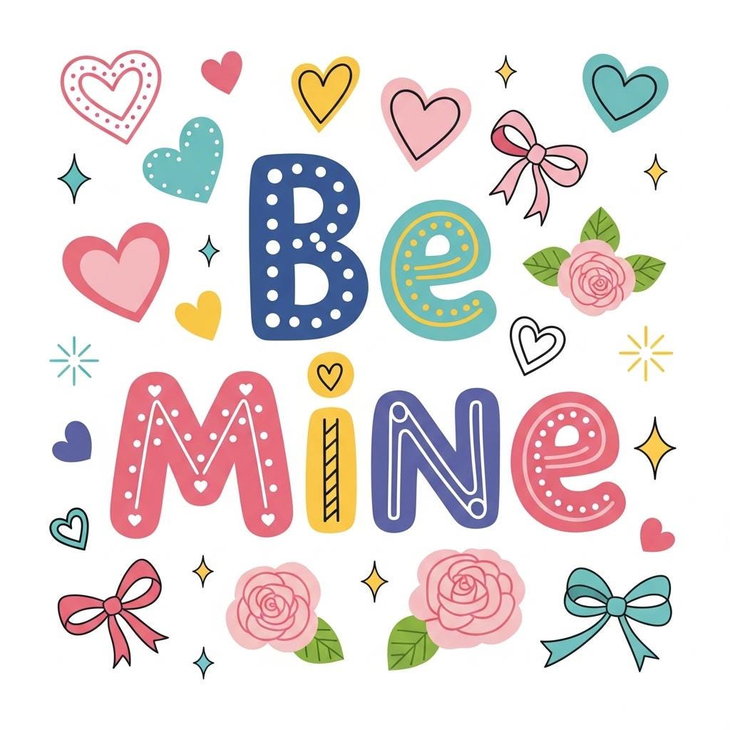 Be Mine Cute Valentine Typography Art, Pastel Floral Heart Illustration ...