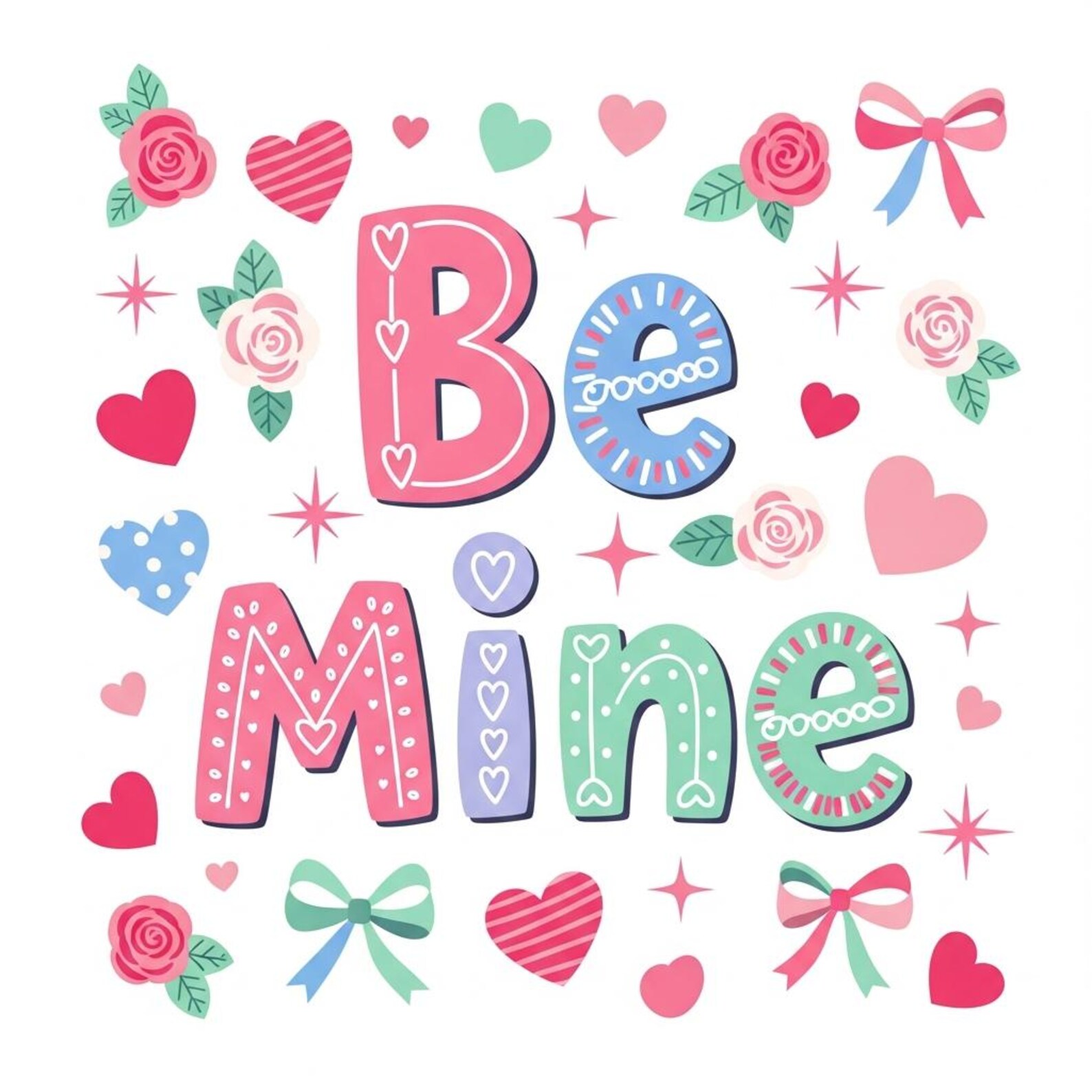 Be Mine Cute Valentine Typography Art, Pastel Floral Heart Illustration ...