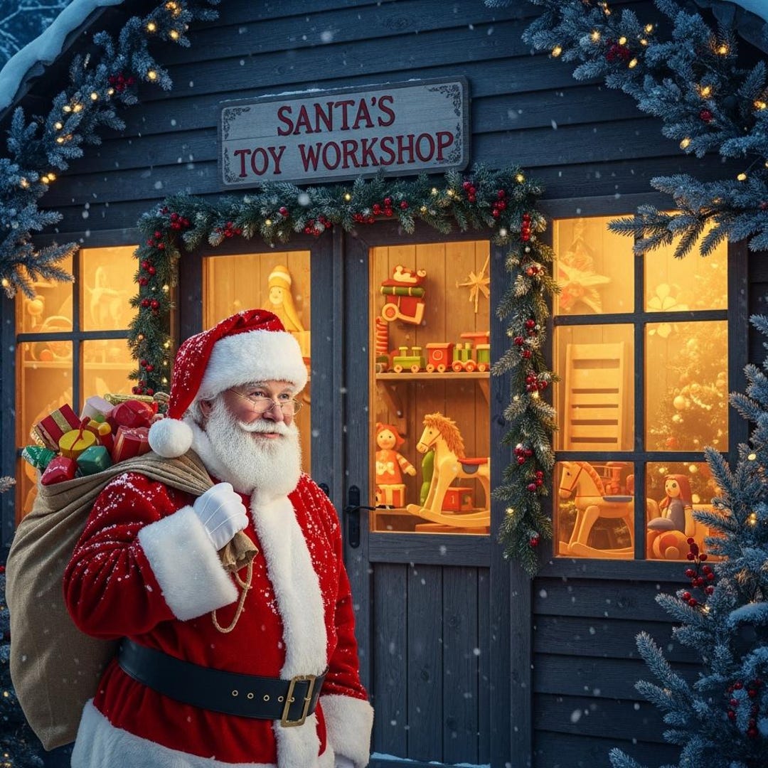 Santa at the Toy Workshop Christmas Illustration , Cozy Christmas Scene ...