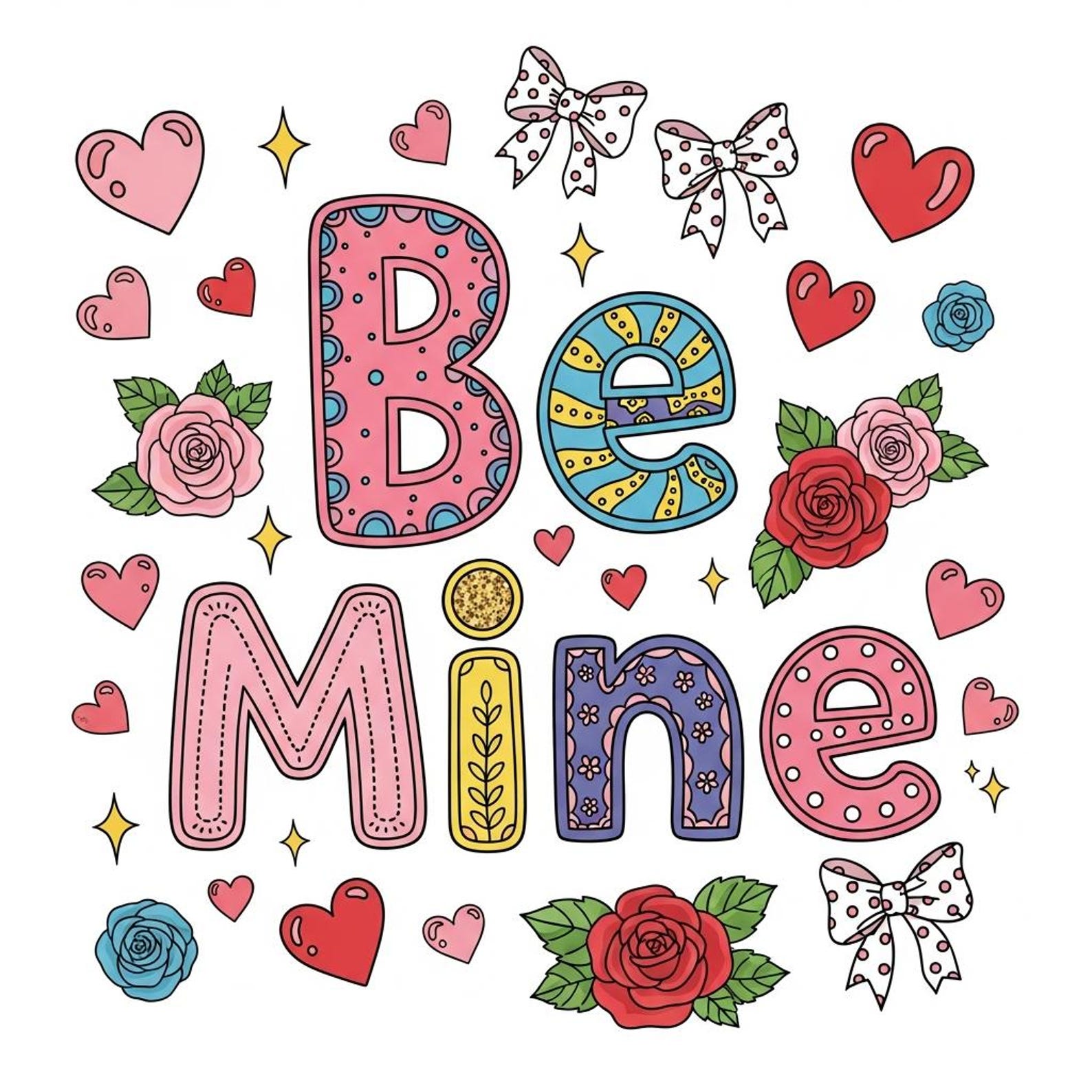 Be Mine Cute Valentine Typography Art, Pastel Floral Heart Illustration ...