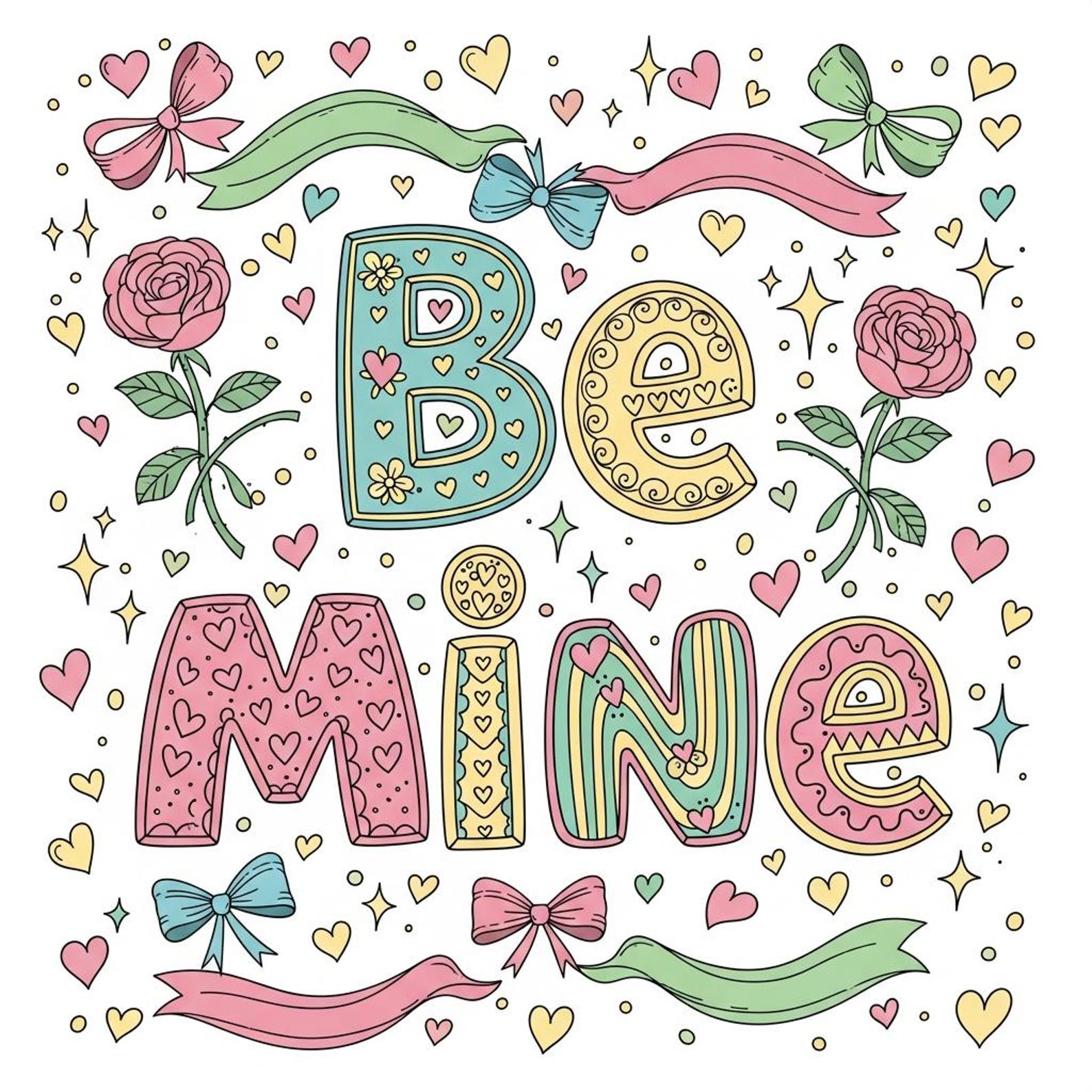 Be Mine Cute Valentine Typography Art, Pastel Floral Heart Illustration ...