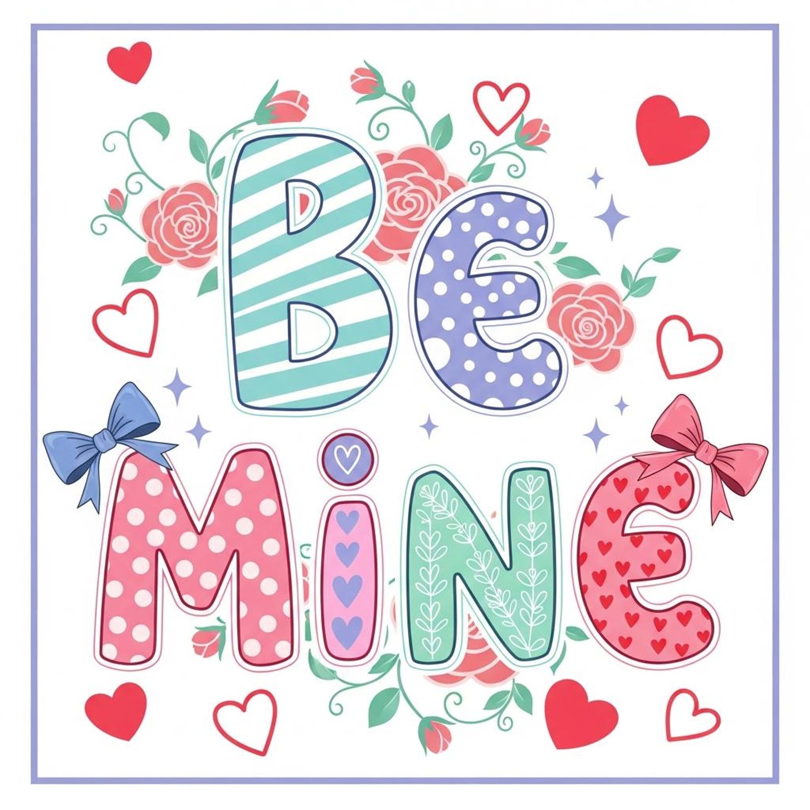 Be Mine Cute Valentine Typography Art, Pastel Floral Heart Illustration ...