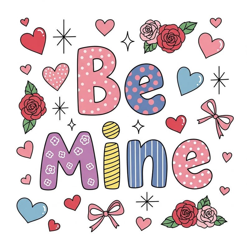 Be Mine Cute Valentine Typography Art, Pastel Floral Heart Illustration ...