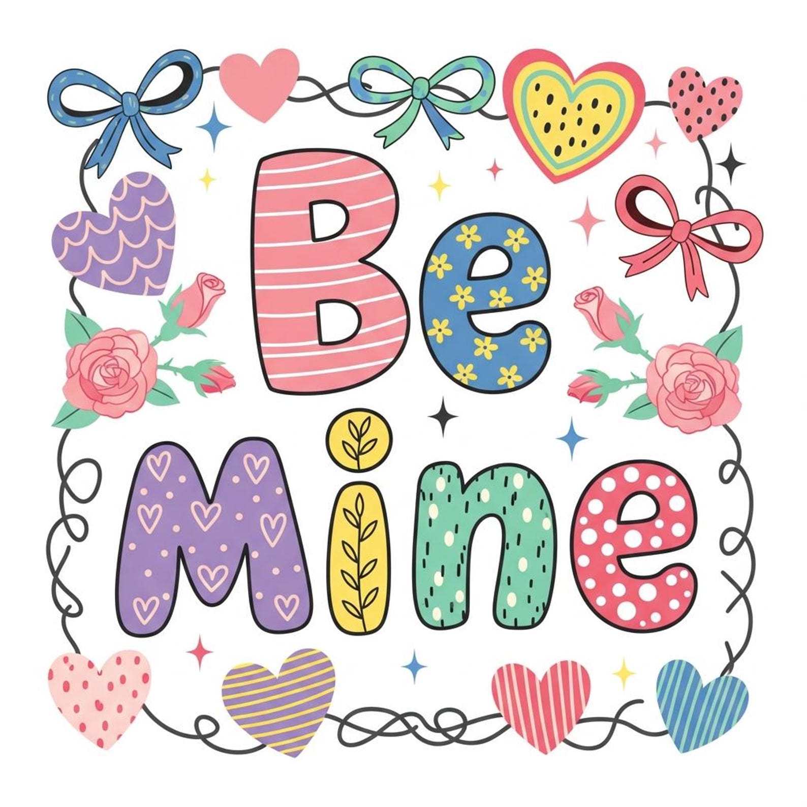 Be Mine Cute Valentine Typography Art, Pastel Floral Heart Illustration ...