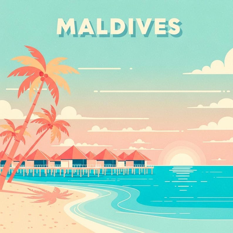 Maldives Tropical Overwater Villas Retro Travel Art Print - Etsy