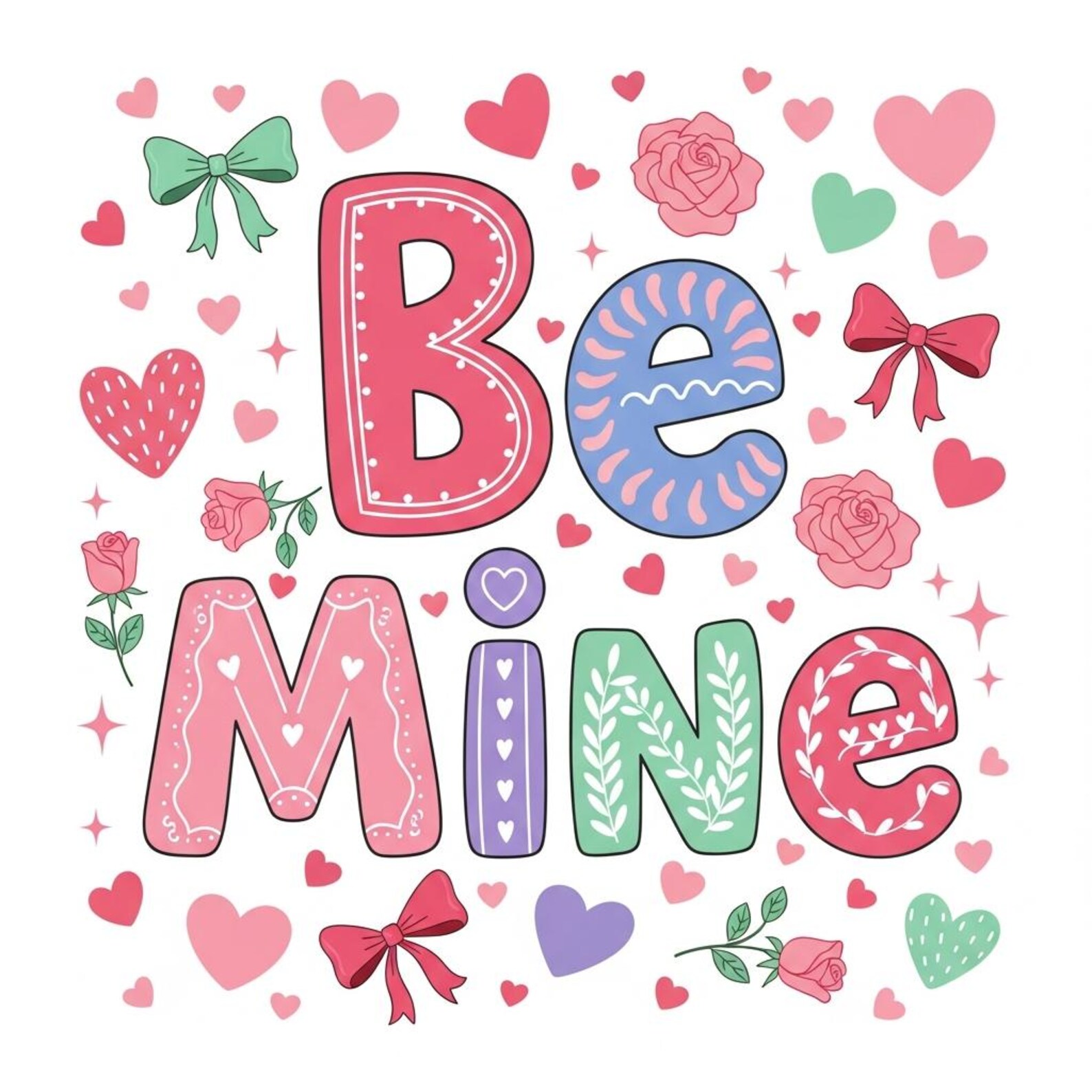 Be Mine Cute Valentine Typography Art, Pastel Floral Heart Illustration ...