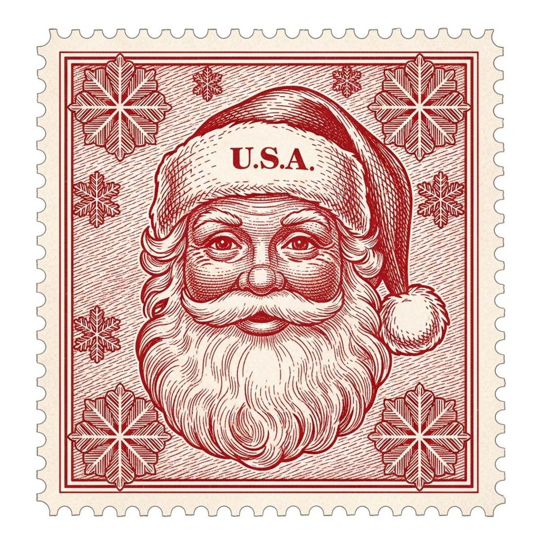 100 Vintage Santa Postage Stamp Digital Clipart - Retro Christmas Stamp ...
