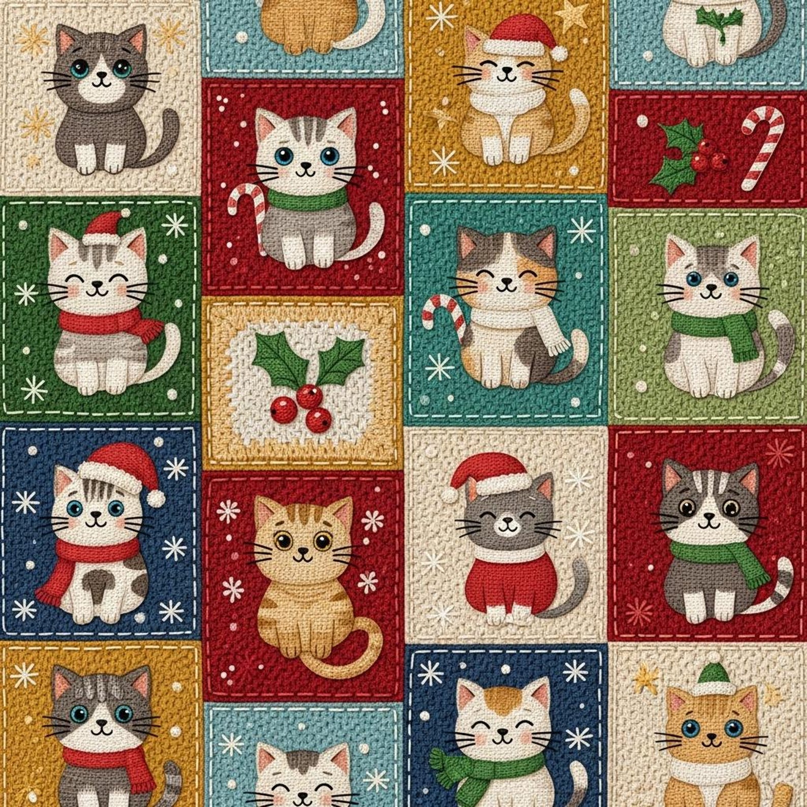 50 Colorful Cat Patchwork Digital Art | Embroidery Style Crochet Cat ...