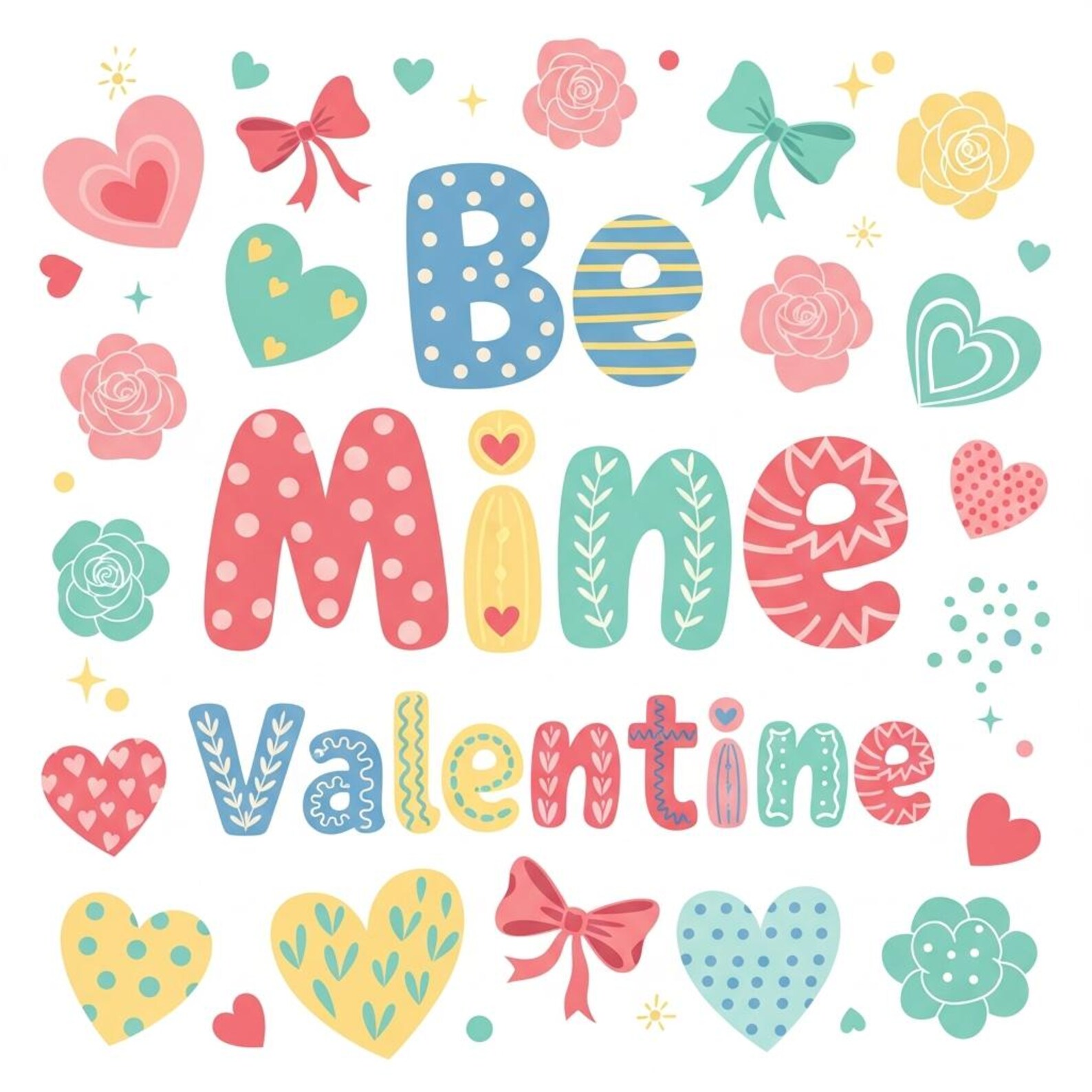 Be Mine Cute Valentine Typography Art, Pastel Floral Heart Illustration ...
