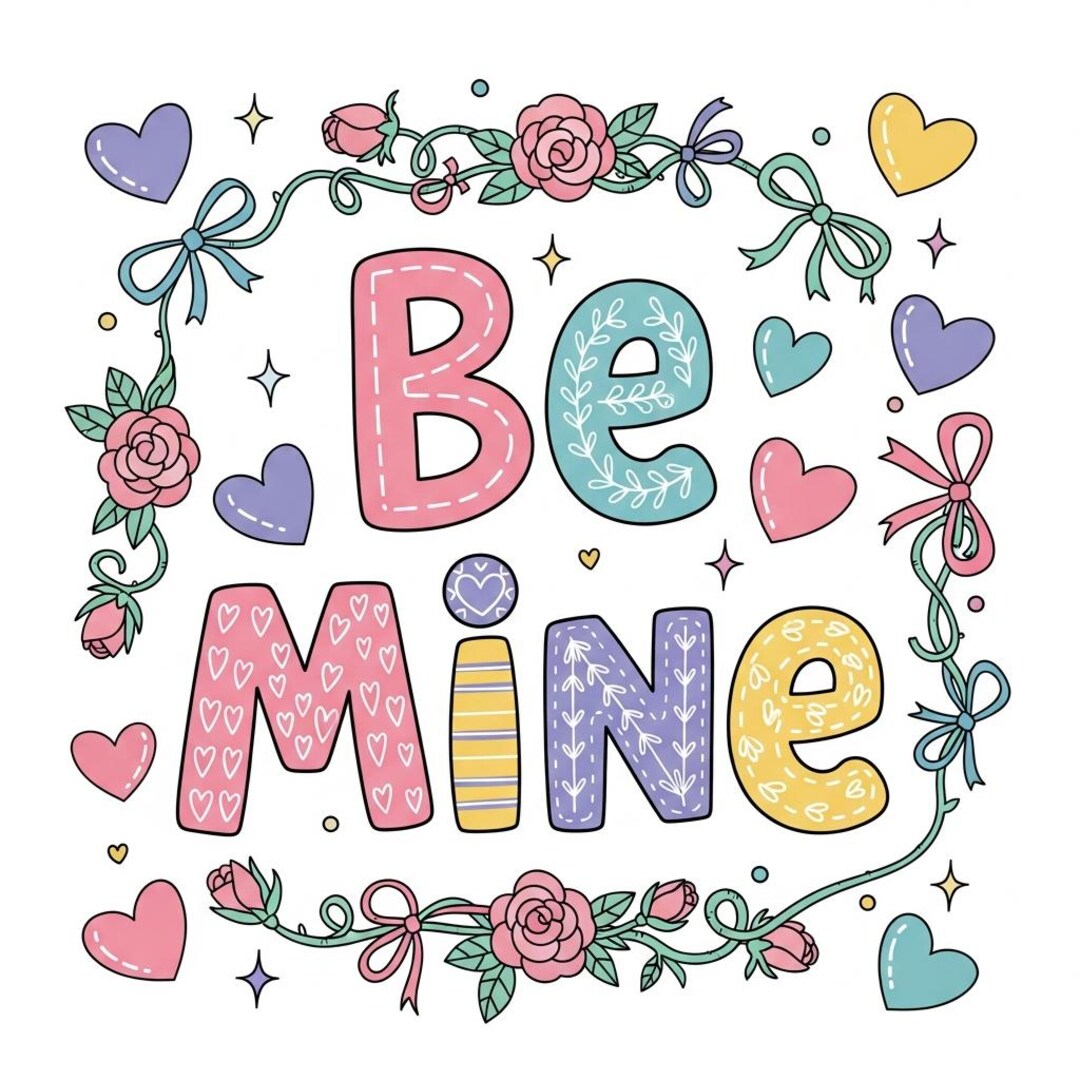 Be Mine Cute Valentine Typography Art, Pastel Floral Heart Illustration ...