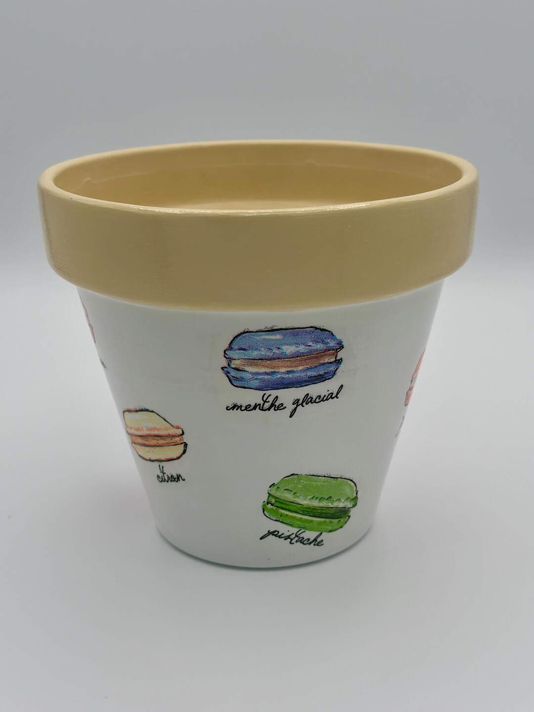 Decoupage Flower Pot-6" Macaron Design Planter Pot in Cream With ...
