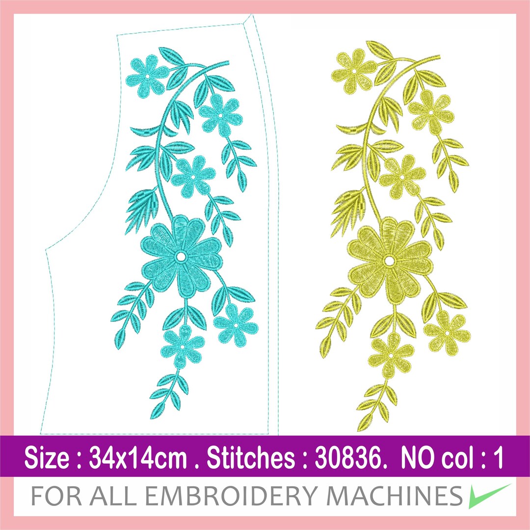 Floral Side Embroidery Design – 34x14cm – 1 Color – DST File – Sleeve ...
