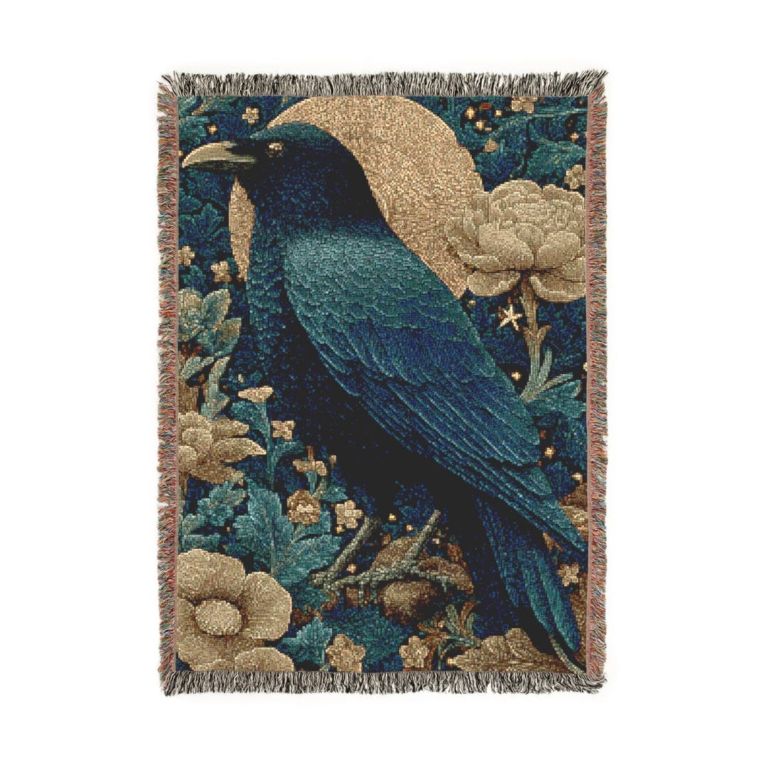 Raven Woven Blanket | Gothic Crow Tapestry With Moon & Floral - Etsy